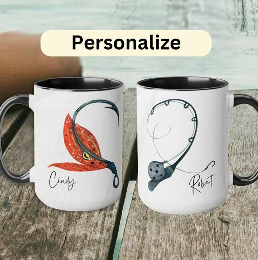 Personalized Hook and Rod Heart Couple Mug Set for Fisherman Him Her ...