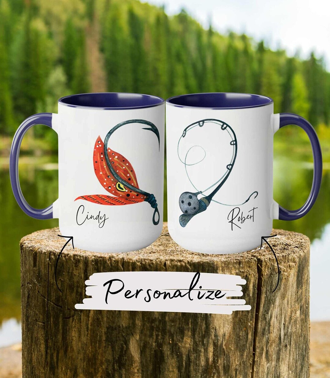 Personalized Hook and Rod Heart Couple Mug Set for Fisherman Him Her ...