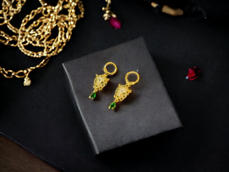 Gold Leopard Head Hoop Earrings Emerald Cubic Zirconia Dangle - Etsy
