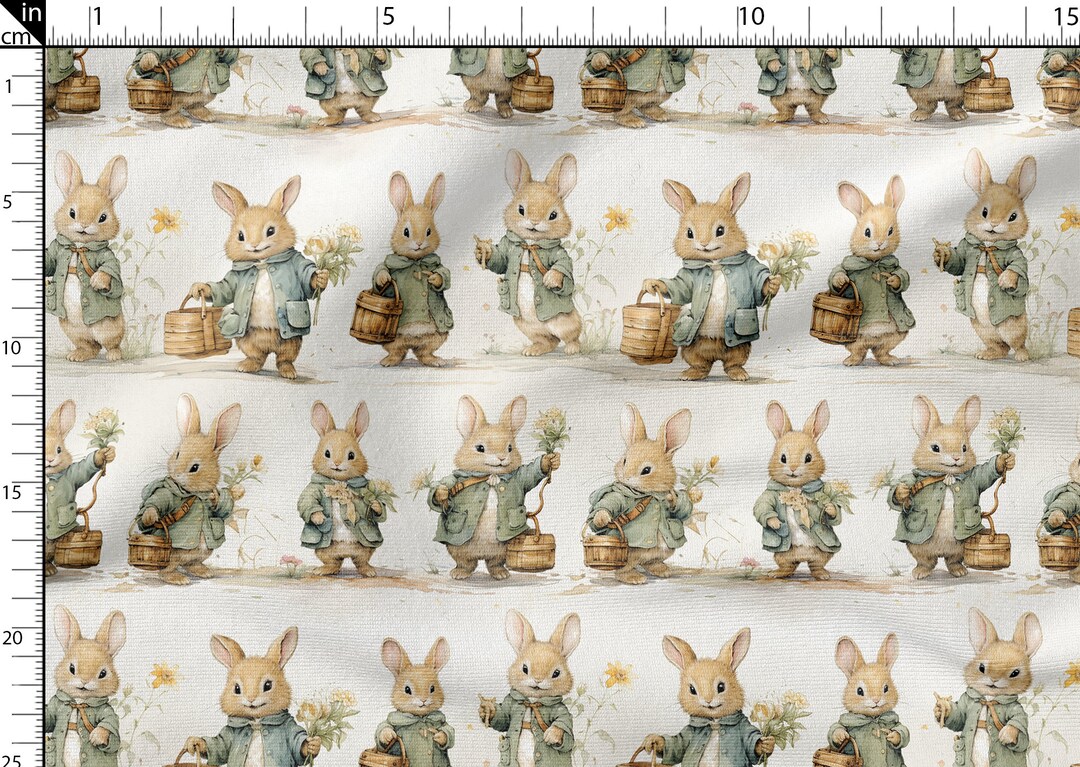 Cute Rabbits Fabric - Rabbits in the Garden Printed Fabric, Floral ...