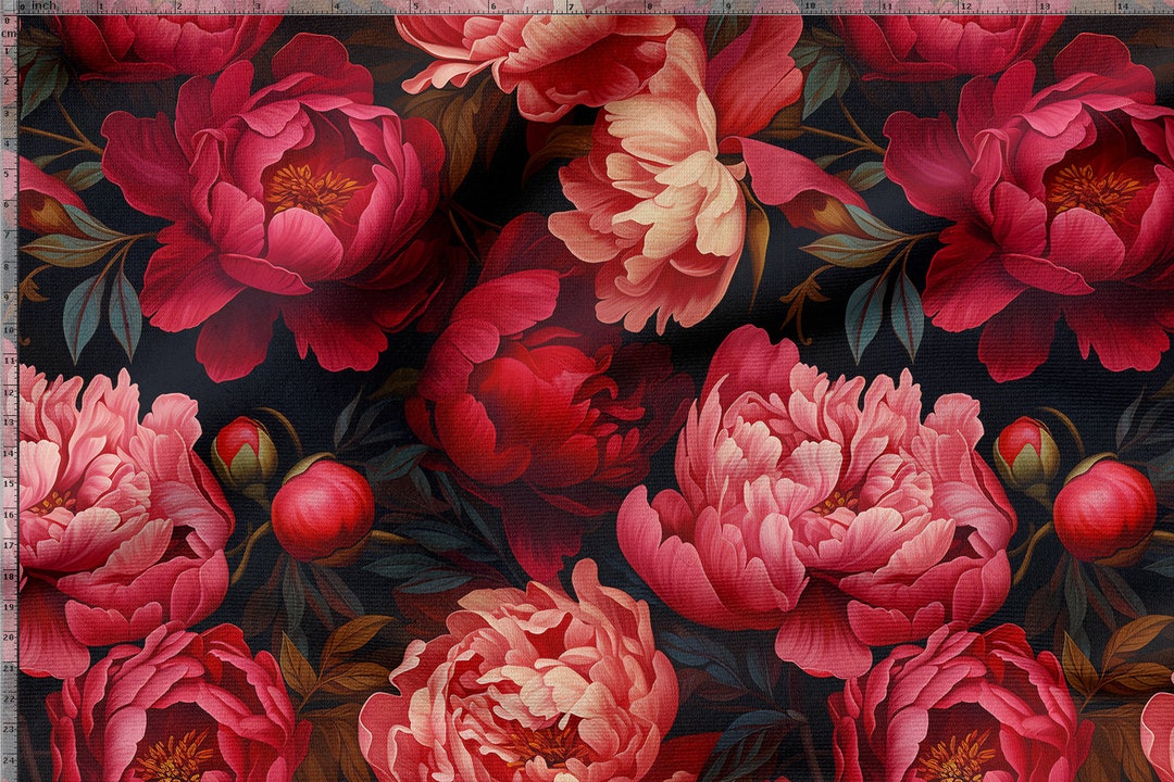 Peony Flowers Fabric - Red Peony Printed Fabric, Flower Cotton Linen ...