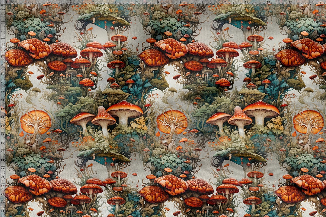 Magic Forest Fabric - Forest Printed Fabric, Mushrooms Cotton Linen ...