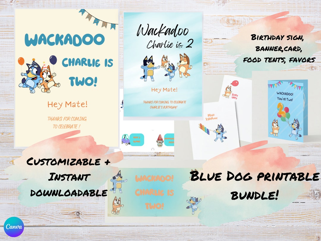 WACKADOO Two Editable Birthday BUNDLE! Blue Y Dog Birthday Sign & Card ...