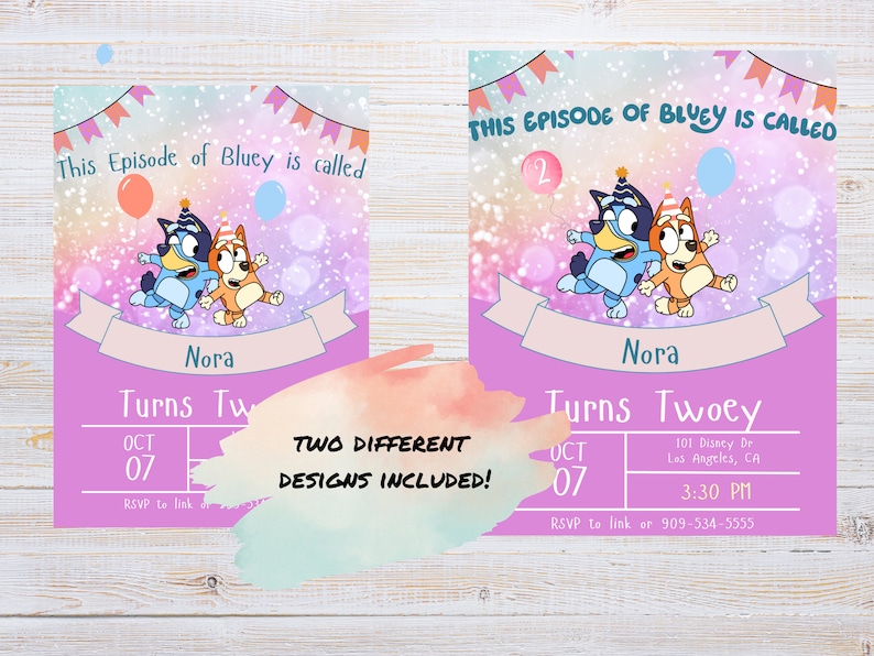 Pink Bluey Dog Two Customizable Birthday Invitation - One This Episode ...