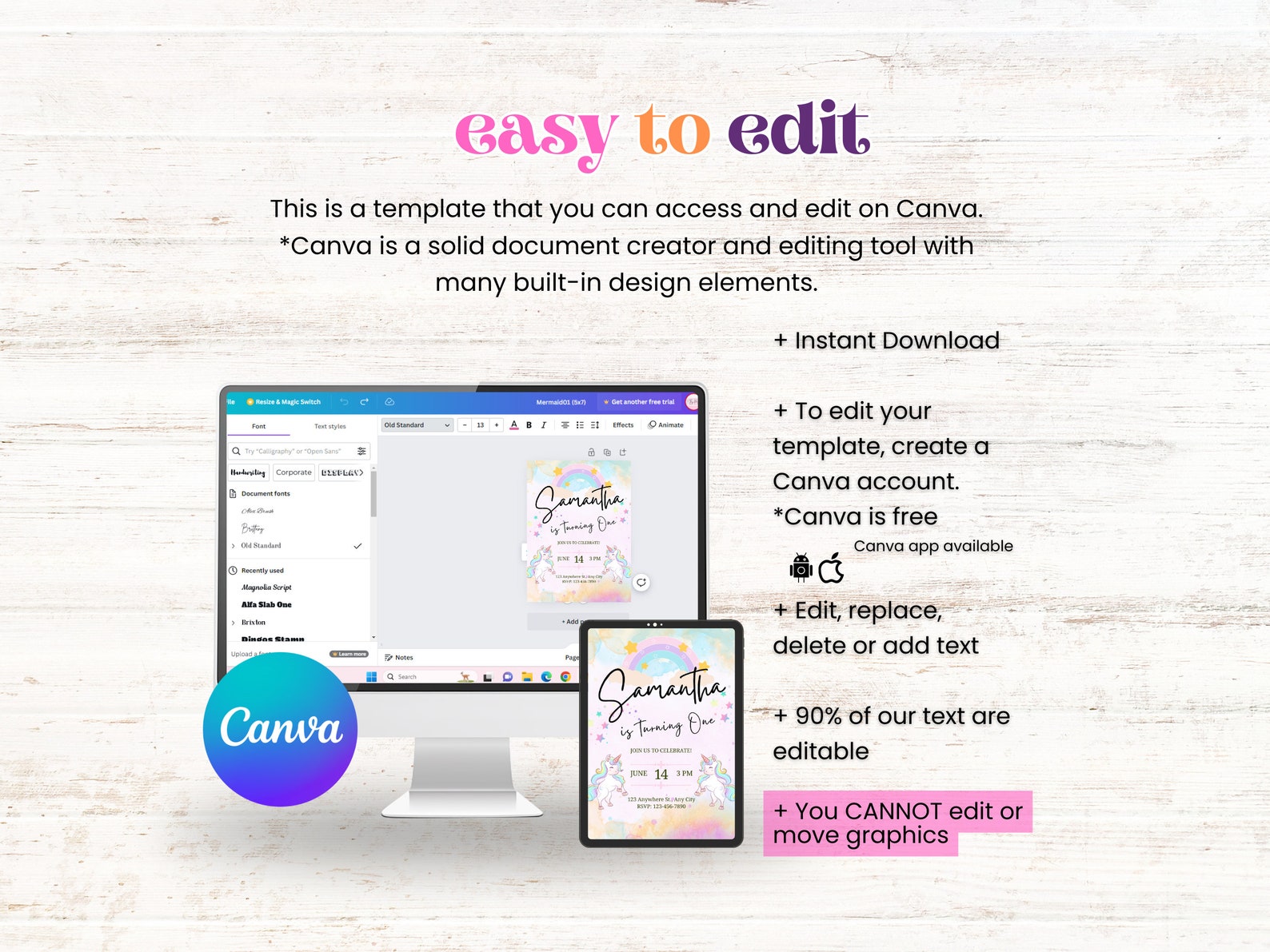 Editable Birthday Invitation, Canva Template, Kid Girls Birthday ...