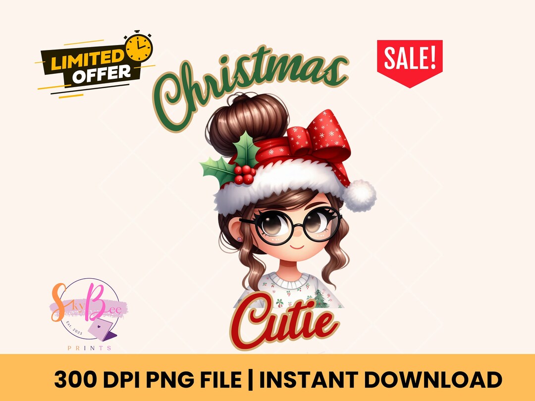 Cute Christmas Cutie Girl Clipart With Santa Hat and Glasses, Holiday ...