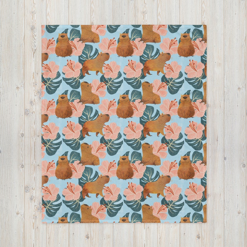 Capybara Throw Blanket, Cute Capybara Hawaiian Print, Floral Print ...