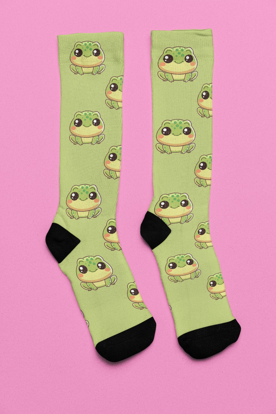 Kawaii Frog Cushioned Crew Socks Green Funny Frog Face Cute Mens Womens ...