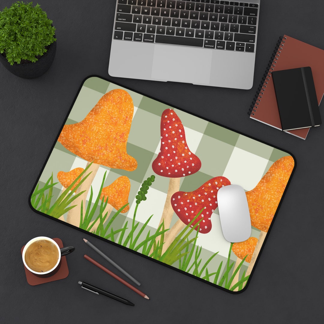 Mushroom Desk Mat, Checkered Green Gingham, Cottage Core Design, Home ...