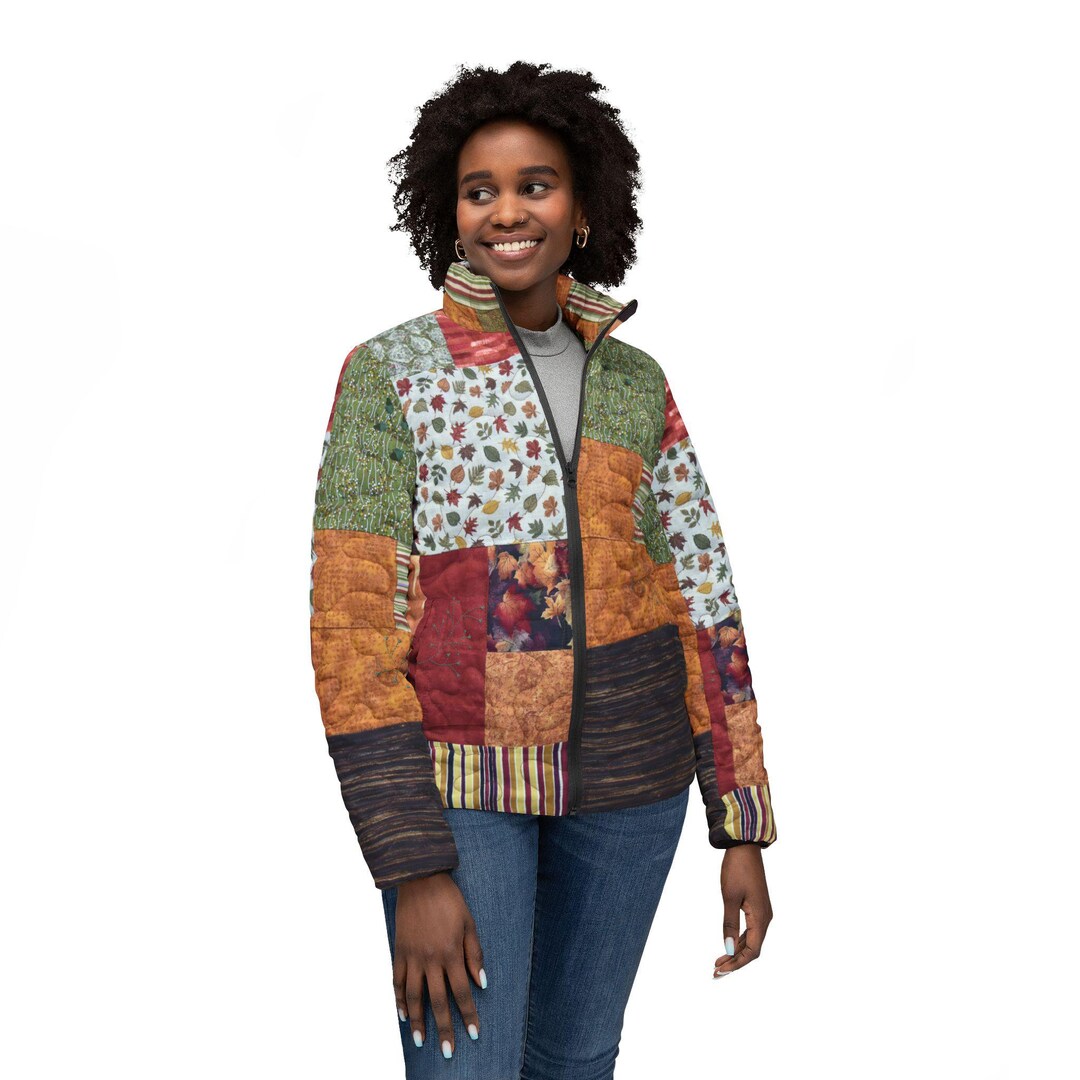 Patchwork Puffer Jacket Women's Fall Quilted Look Jacket Vintage Retro ...