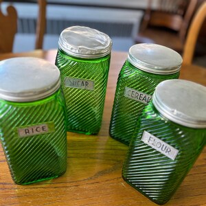 Vintage Forest Green Depression Glass Canister Metal Lid Charming ...