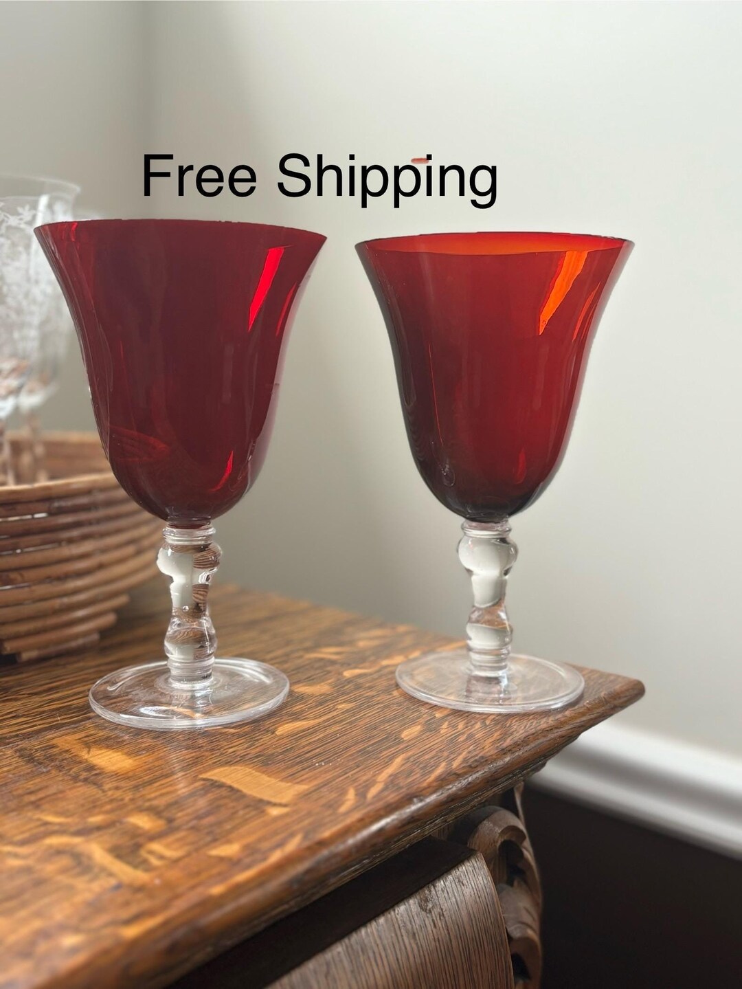 Pair Ruby Red Glass Goblets Large Water or Wine Vintage Collectible ...