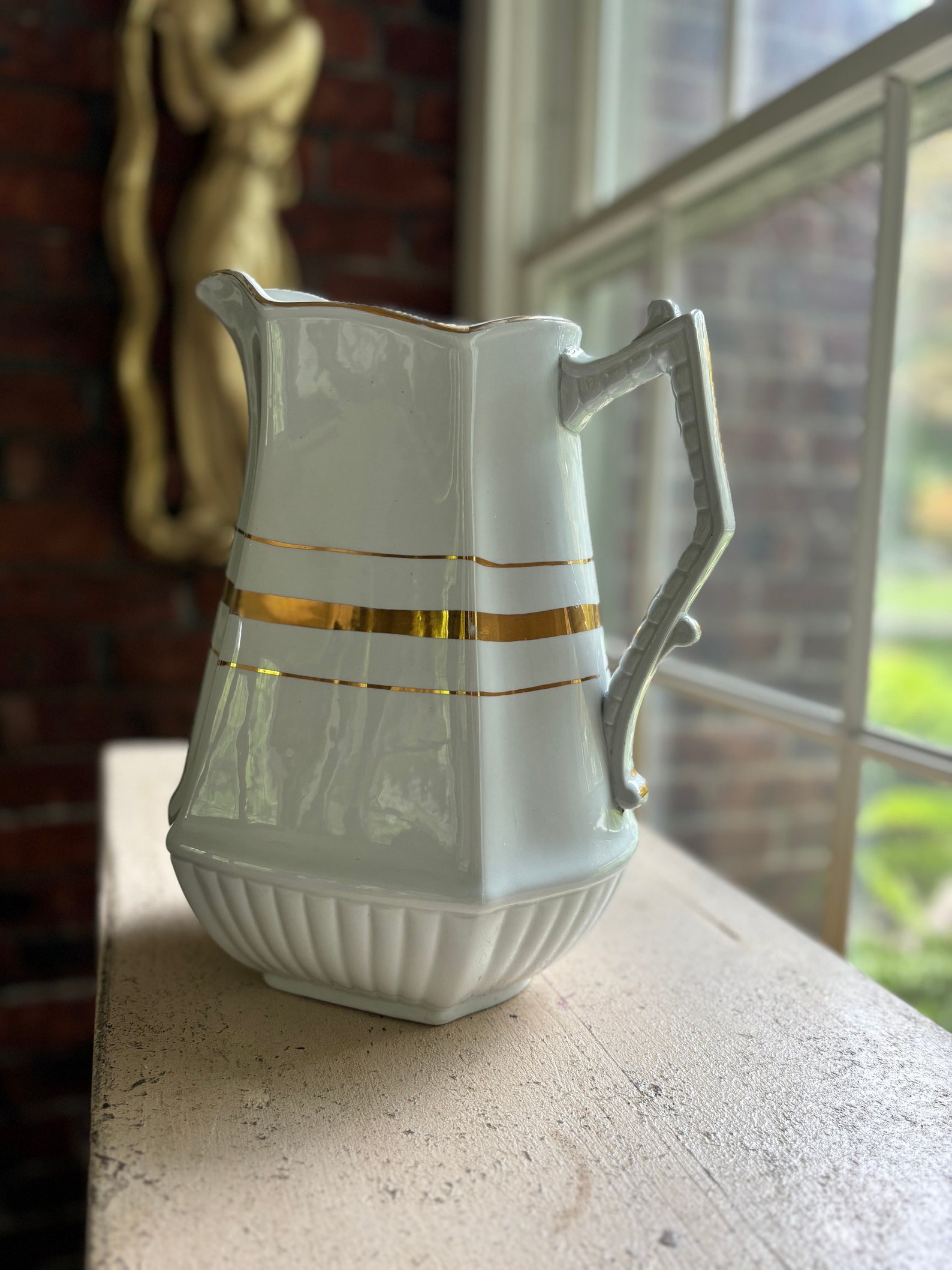 Large Antique Ironstone Pitcher - Vintage English Pottery With Gold ...