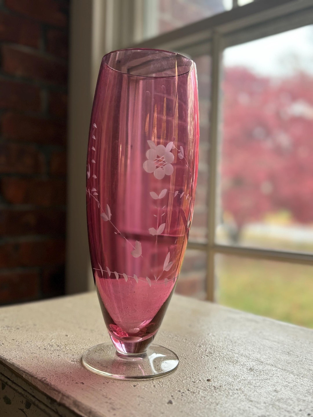 Cranberry /glass Etched Vase- Vintage Glassware- Retro MCM Art Glass ...