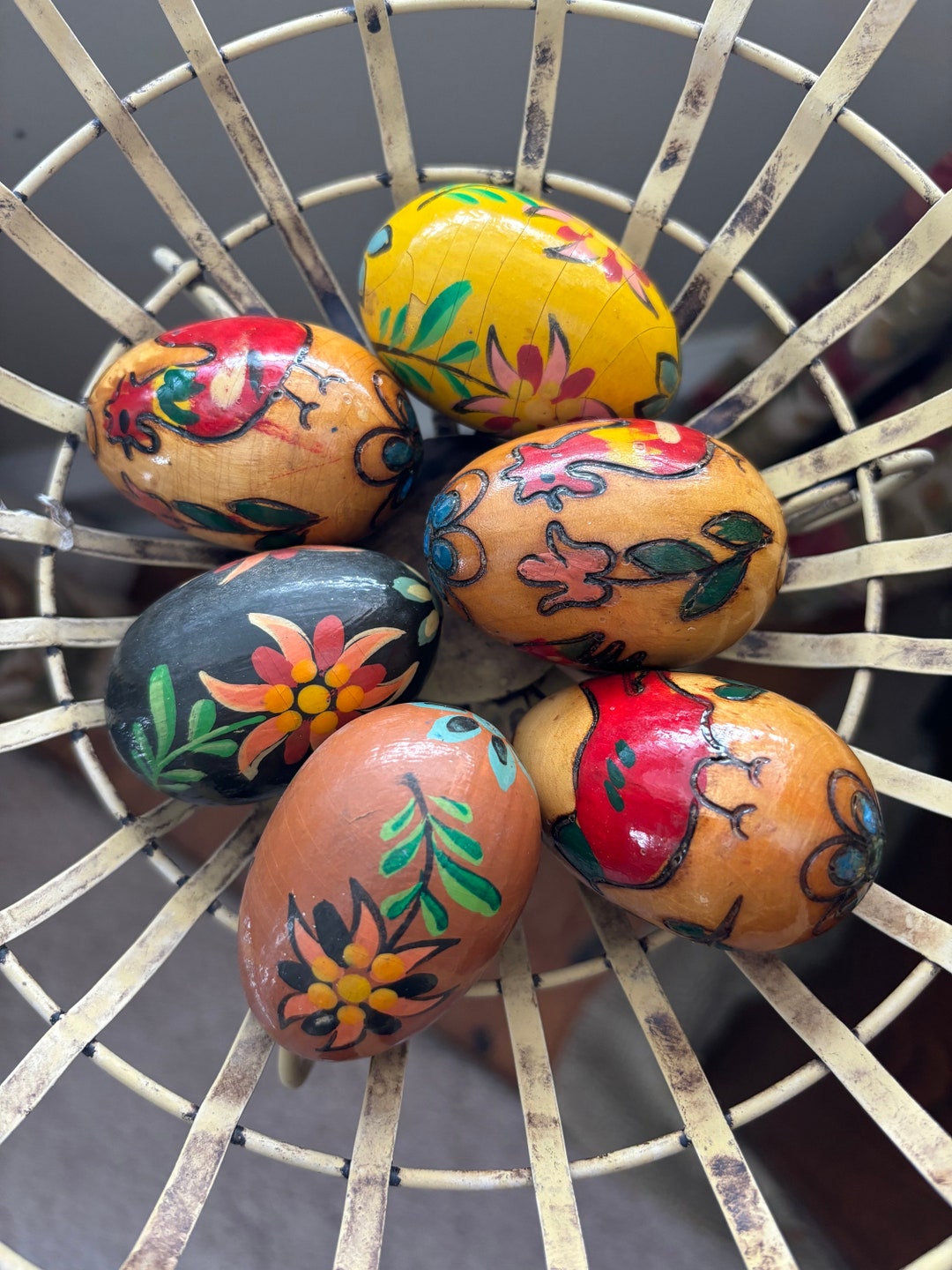 5 Hand Painted & Carved Wooden Eggs, Pisanky, Pysanky, Primitive Folk ...