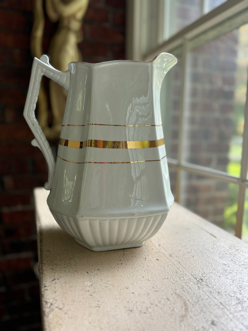 Large Antique Ironstone Pitcher - Vintage English Pottery With Gold ...