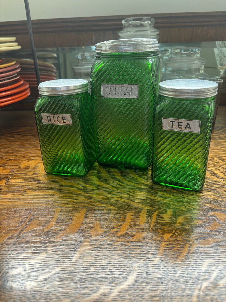 3 Vintage Depression Glass Hoosier Style Canister Set Owens Illinois ...