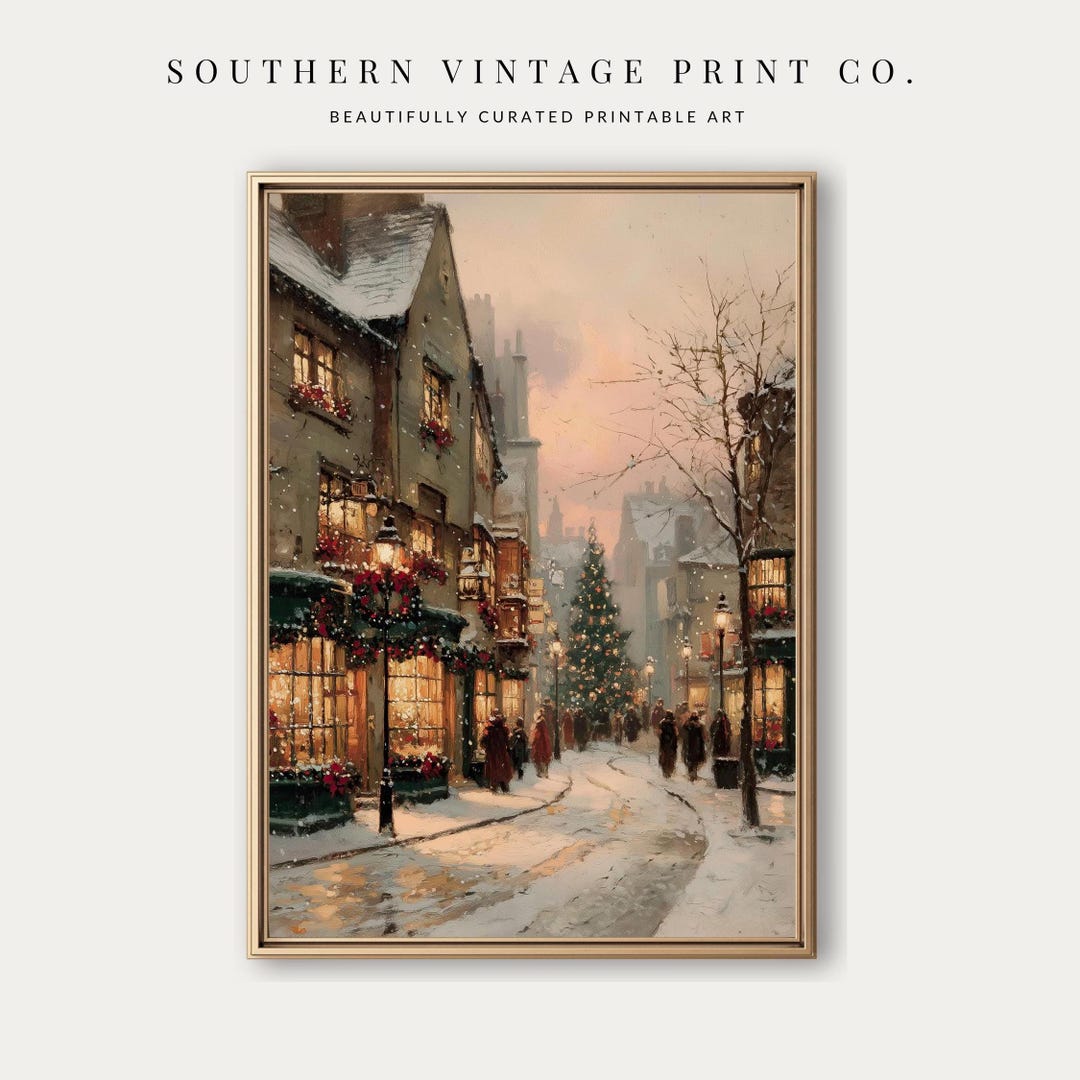 Vintage Christmas Village Print: Traditional Winter Town Wall Art ...