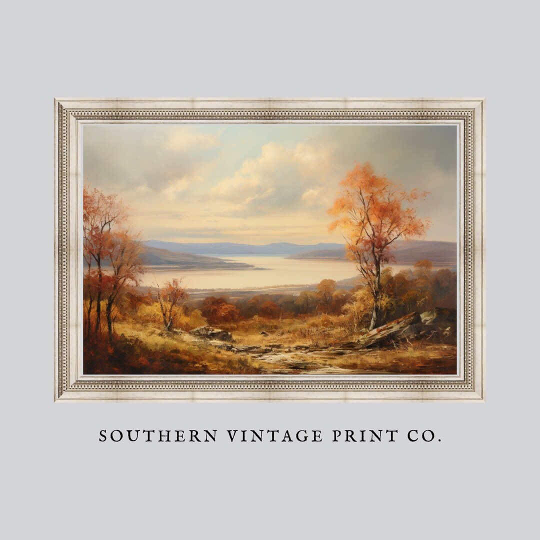 Vintage Fall Landscape Painting: Autumn River Valley Art (digital ...