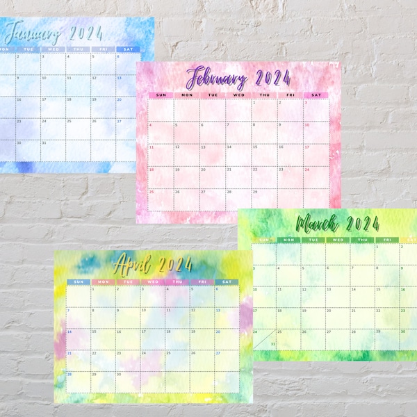 2024 Printable Water Color Calendar - Etsy
