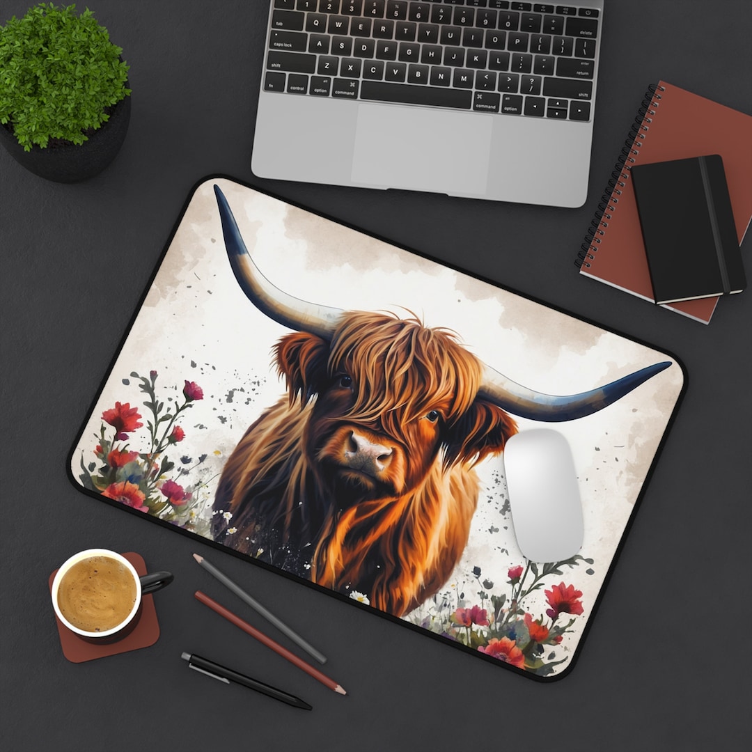 Rustic Western Cow Design Floral Highland Cow Desk Mat Wildflower ...