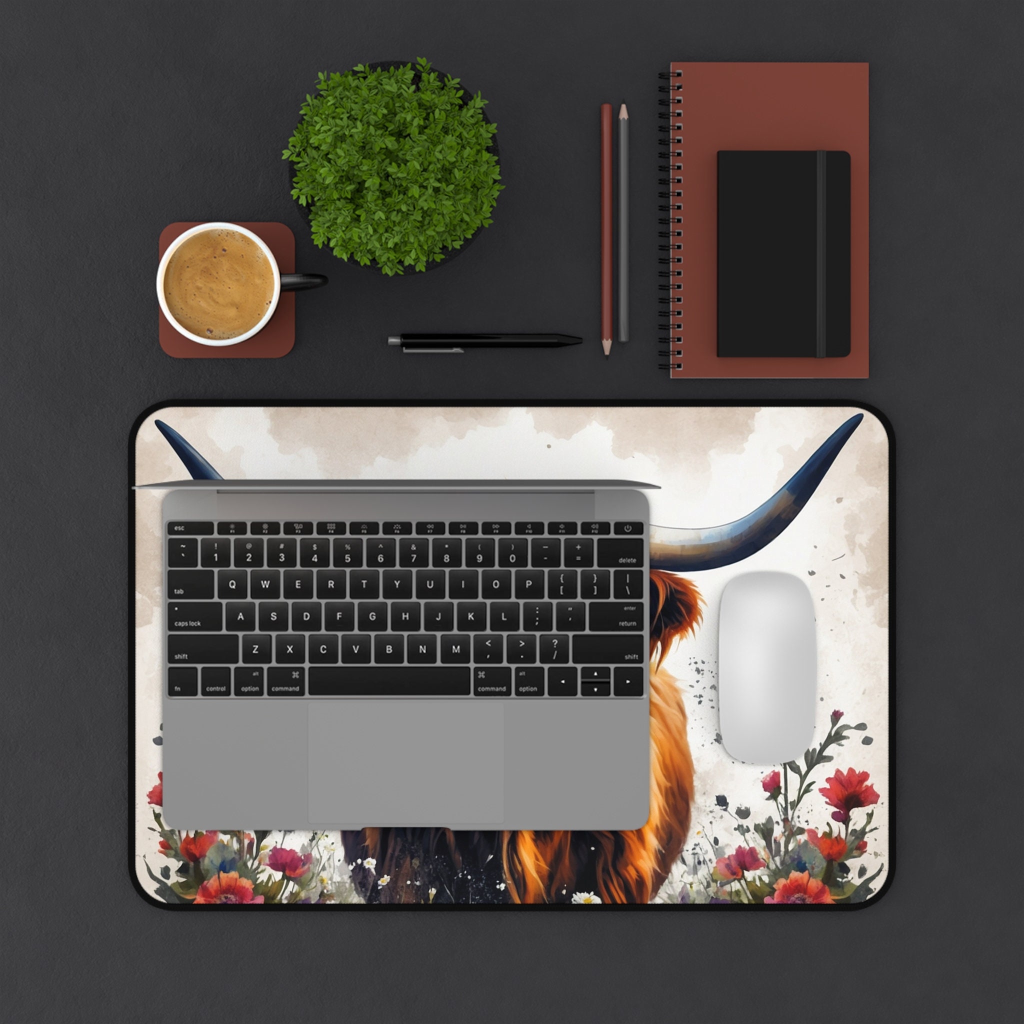 Rustic Western Cow Design Floral Highland Cow Desk Mat Wildflower ...