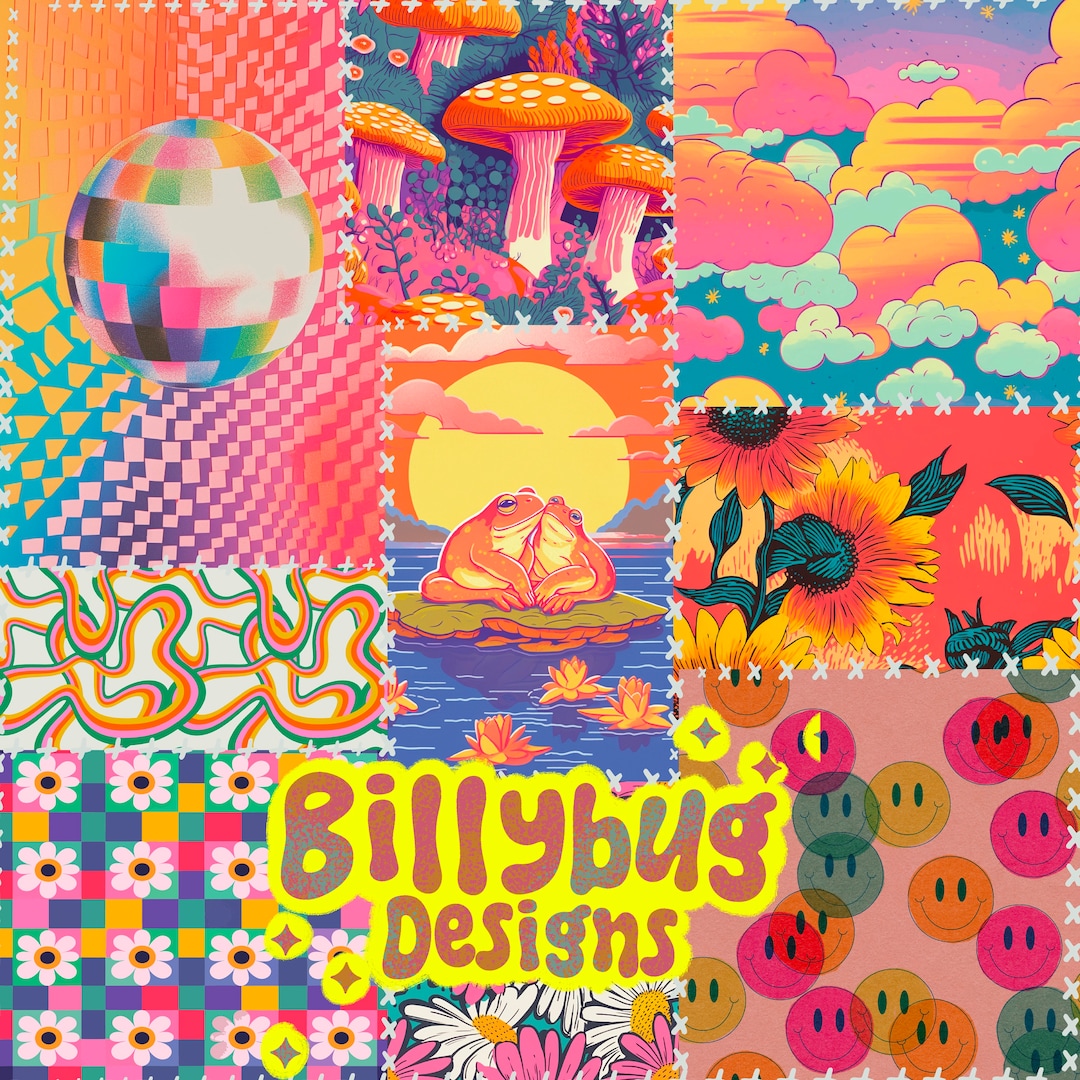 Retro Patchwork Seamless Pattern - Groovy Neon Repeating File for Fabric Sublimation - Instant ...