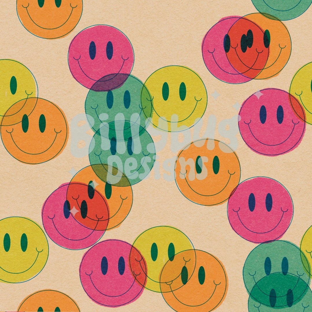 Neon Retro Smile Riso Print Seamless Pattern - Colorful Groovy Print ...