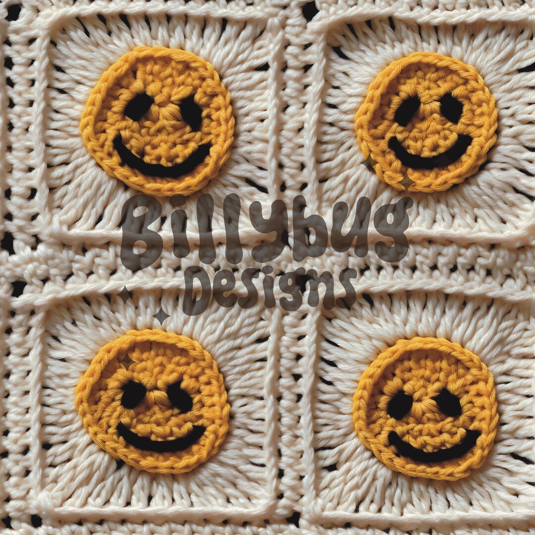 Retro Smiley Face Granny Square Seamless Pattern- Groovy Knitted ...