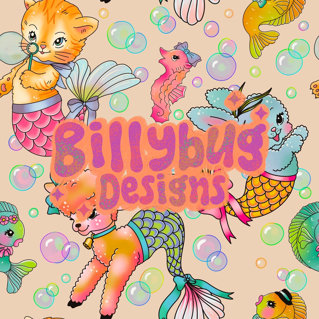 Kitschy Mermaid Animals Seamless Pattern - Mid Century Repeating File ...