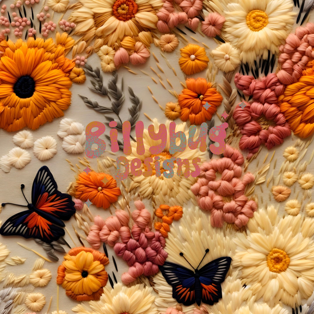 Autumn Boho Faux Embroidery Seamless Pattern - Floral and Butterfly ...