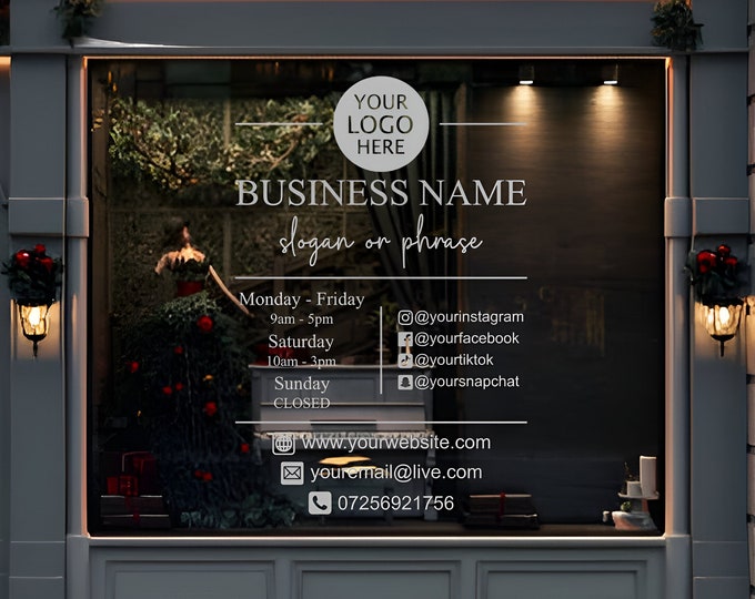 Shop Window Vinyl Decal With Logo, Business Opening Hours Sticker, Cafe ...