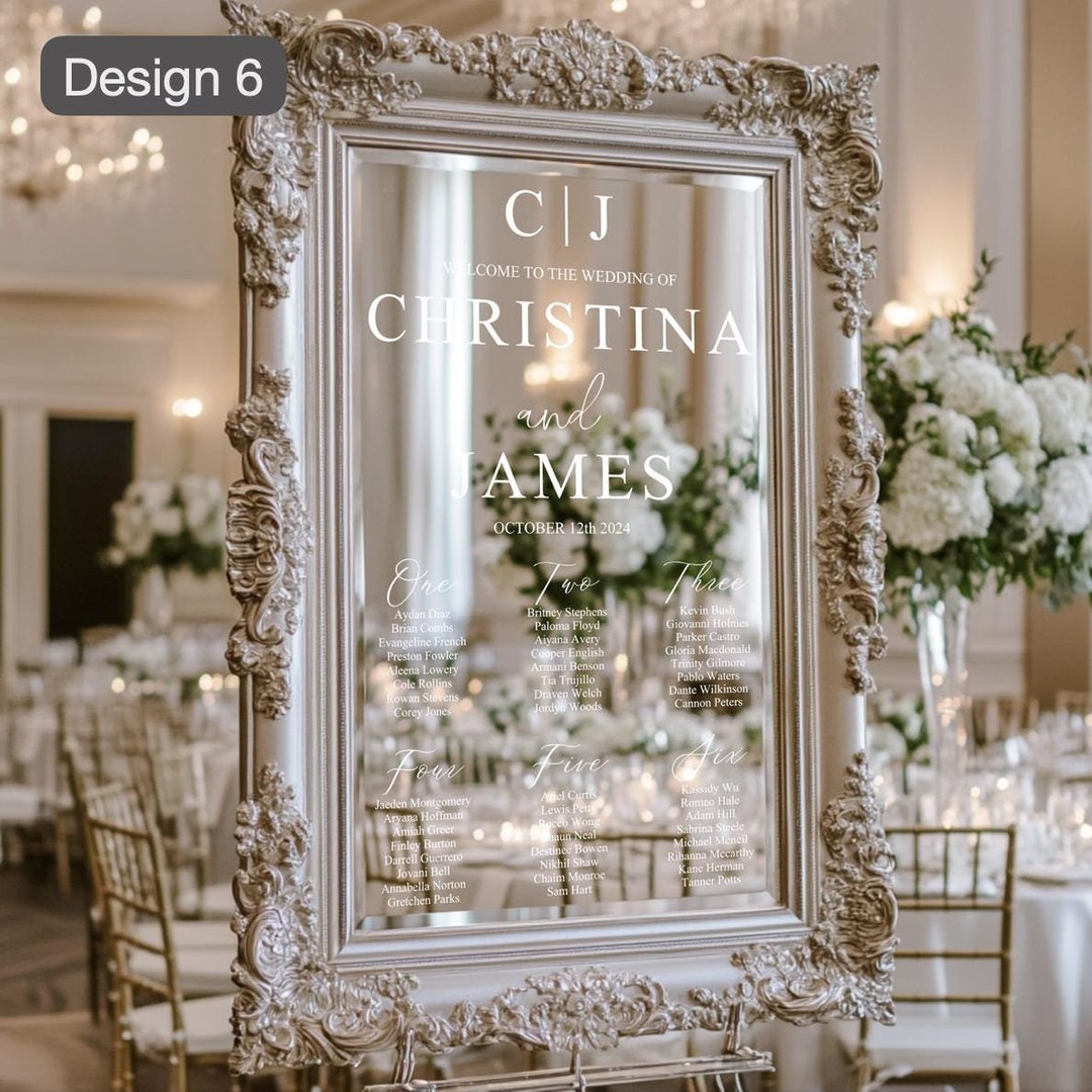 Wedding Mirror Seating & Table Chart - Custom Vinyl Mirror Sticker ...