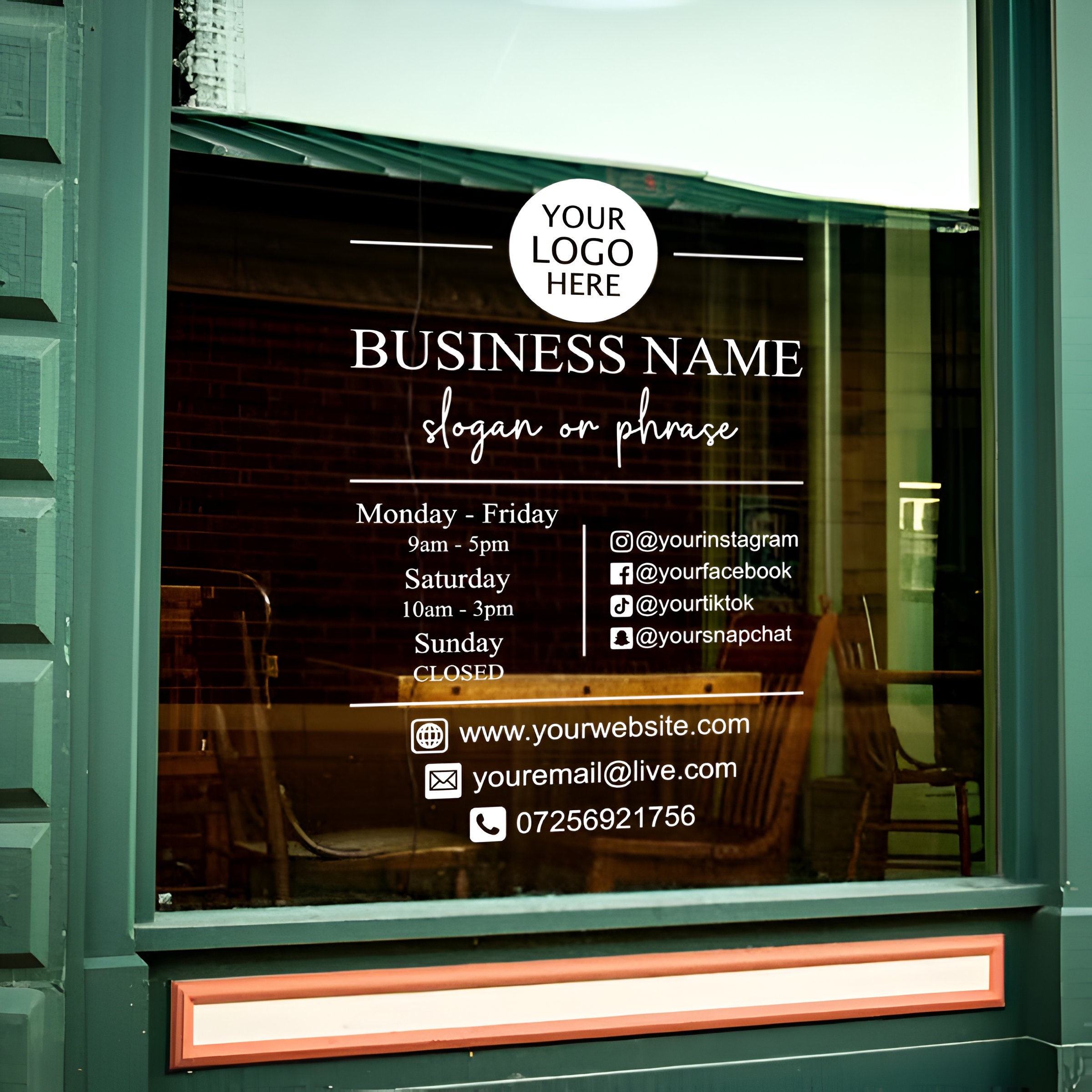 Shop Window Vinyl Decal With Logo, Business Opening Hours Sticker, Cafe ...