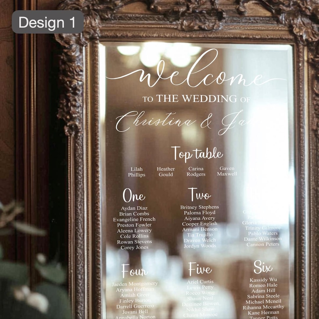 Wedding Mirror Seating & Table Chart - Custom Vinyl Mirror Sticker ...