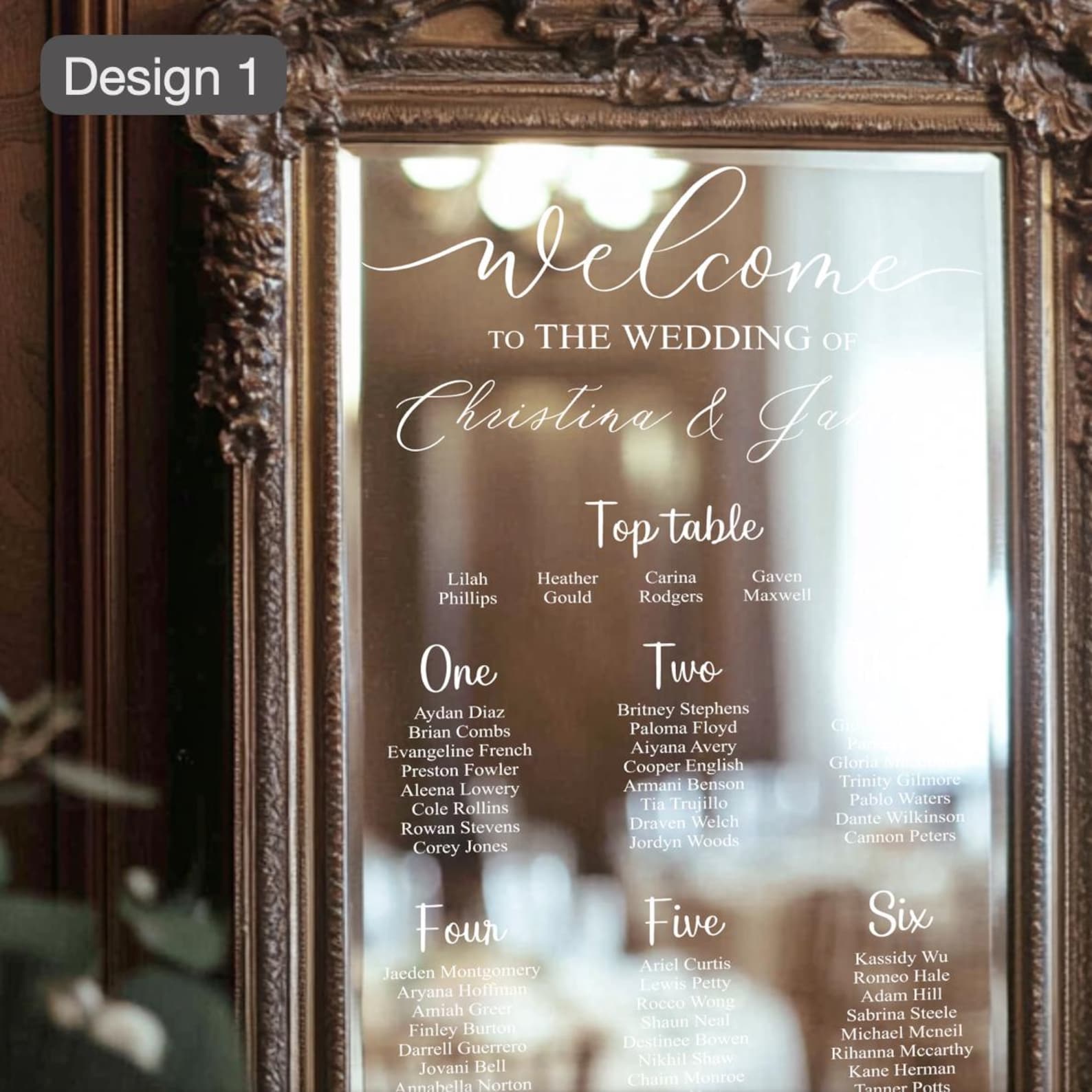 Wedding Mirror Seating & Table Chart - Custom Vinyl Mirror Sticker ...