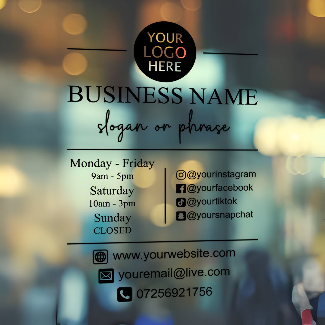 Shop Window Vinyl Decal With Logo, Business Opening Hours Sticker, Cafe ...