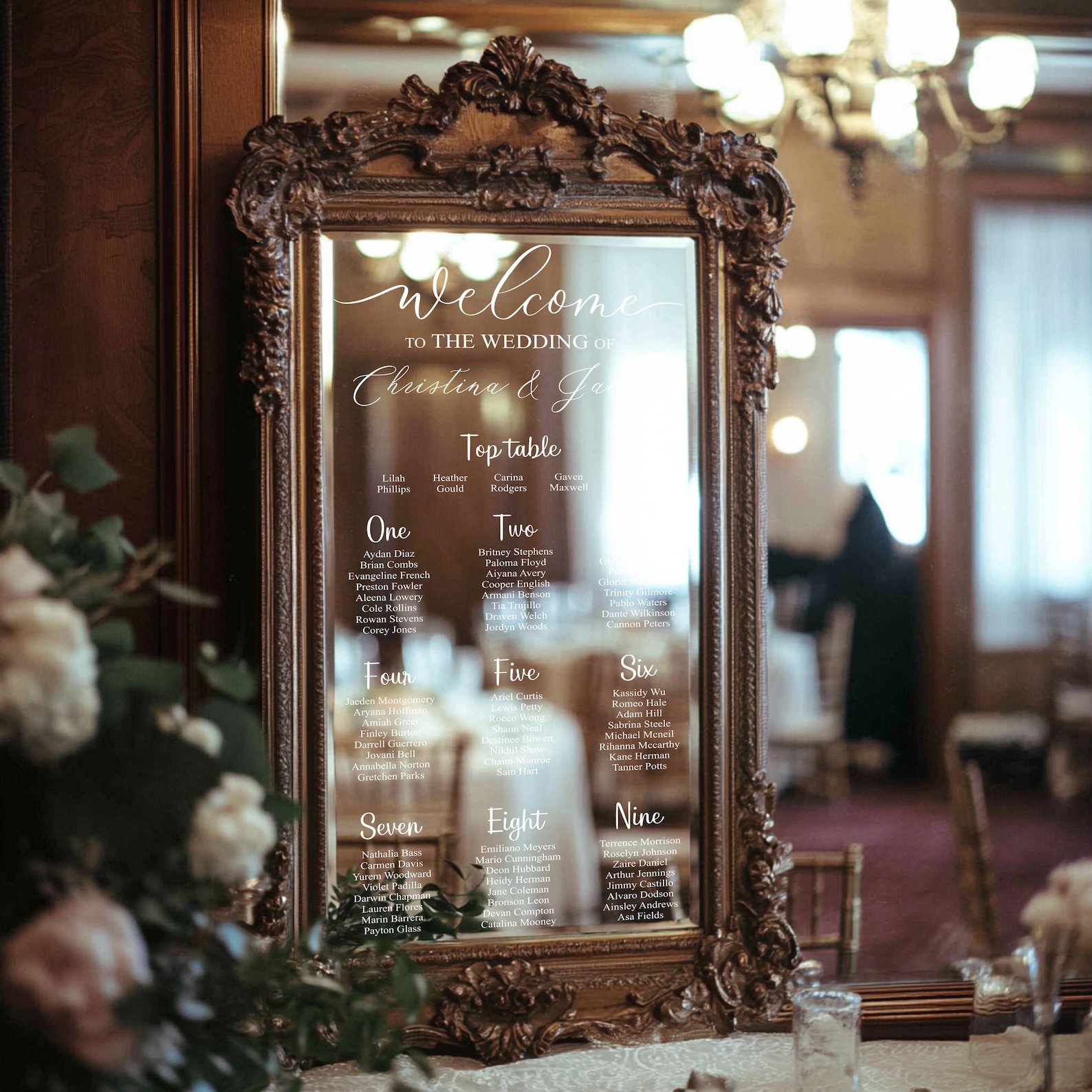 Wedding Mirror Seating & Table Chart - Custom Vinyl Mirror Sticker ...