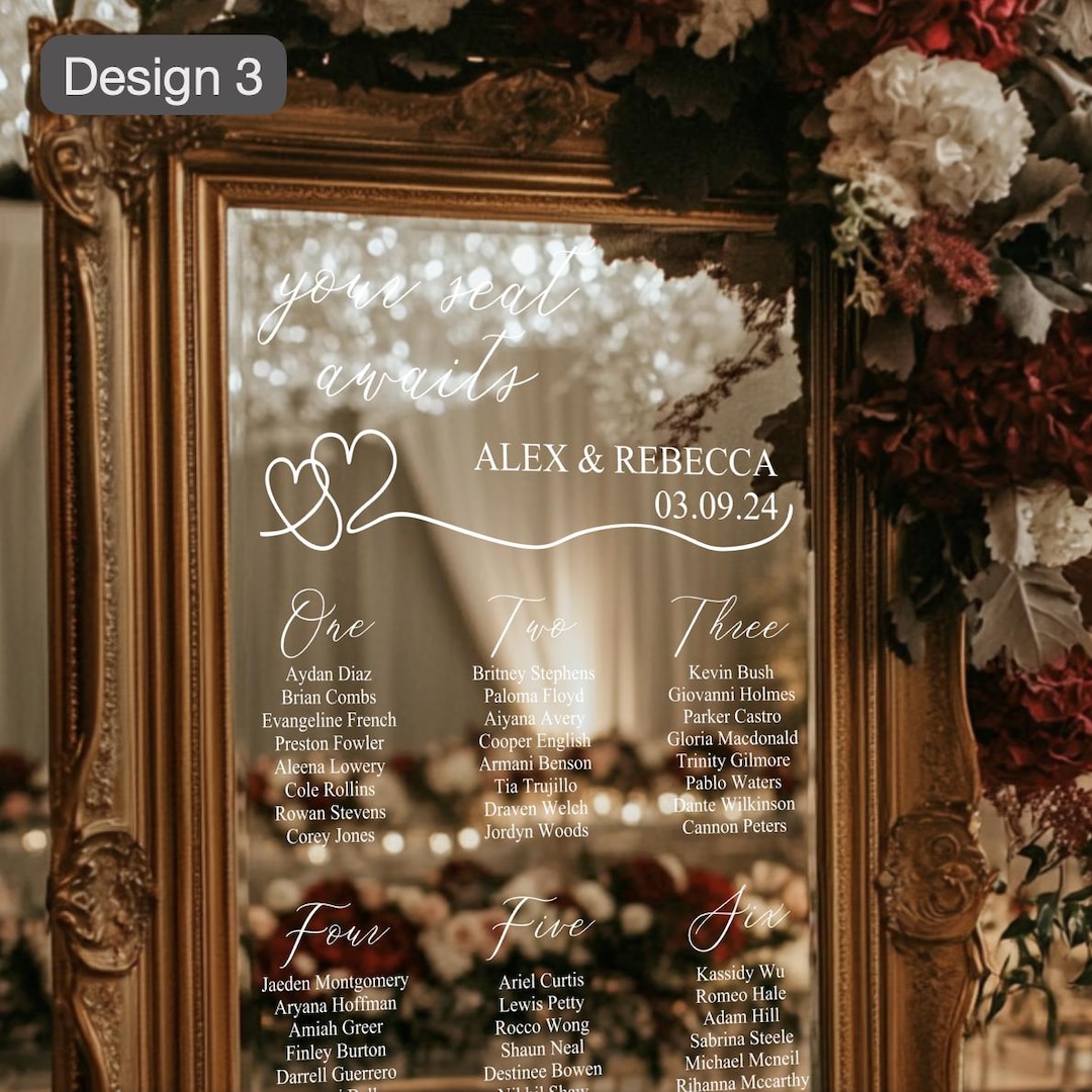 Wedding Mirror Seating Plan - Custom Vinyl Mirror Sticker, Personalised ...