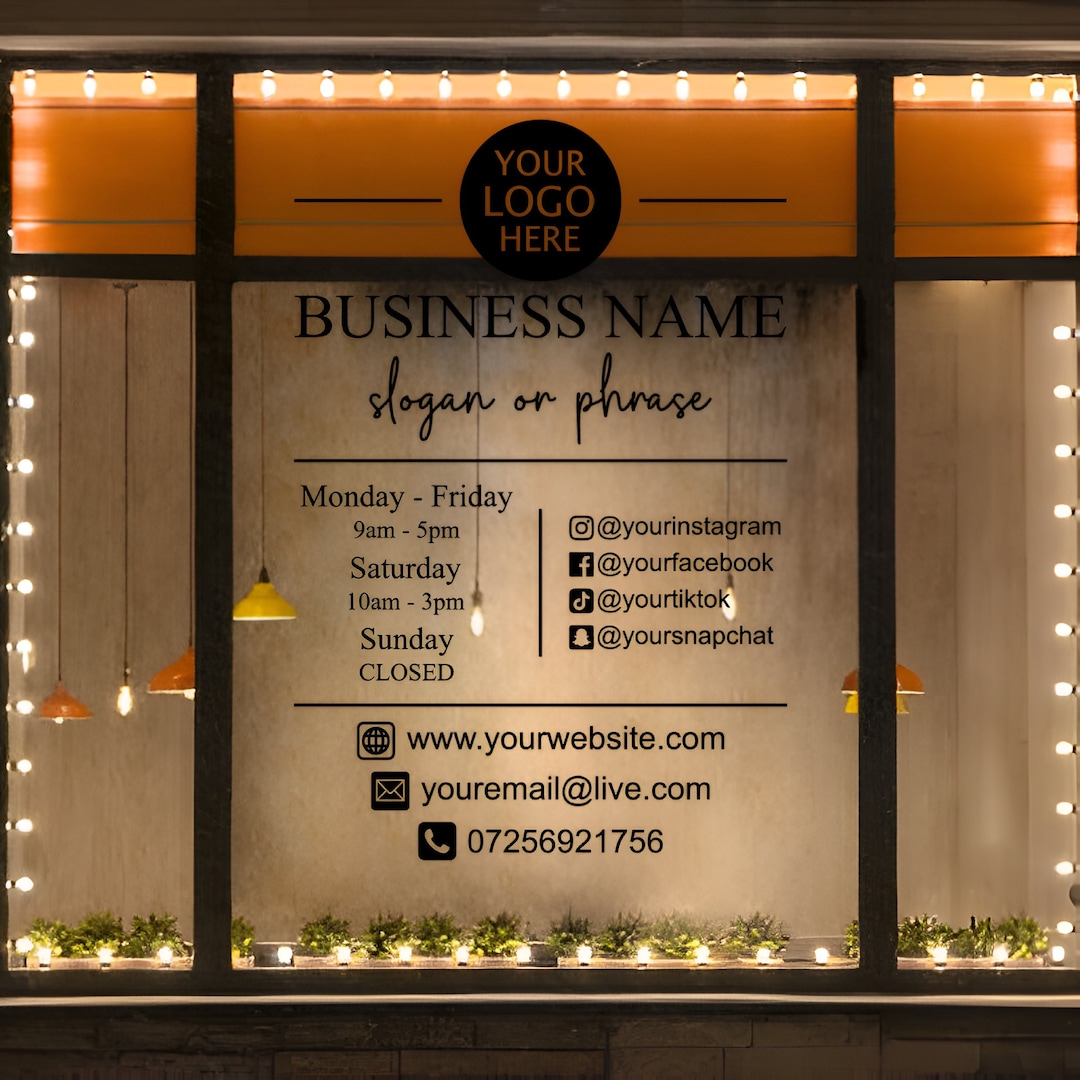 Shop Window Vinyl Decal With Logo, Business Opening Hours Sticker, Café ...
