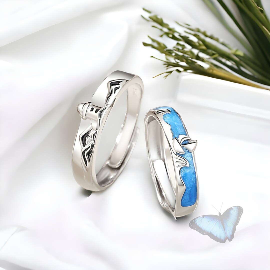 Dainty Lighthouse & Sailboat Ring, Couple Ring, Engraved Minimalist ...