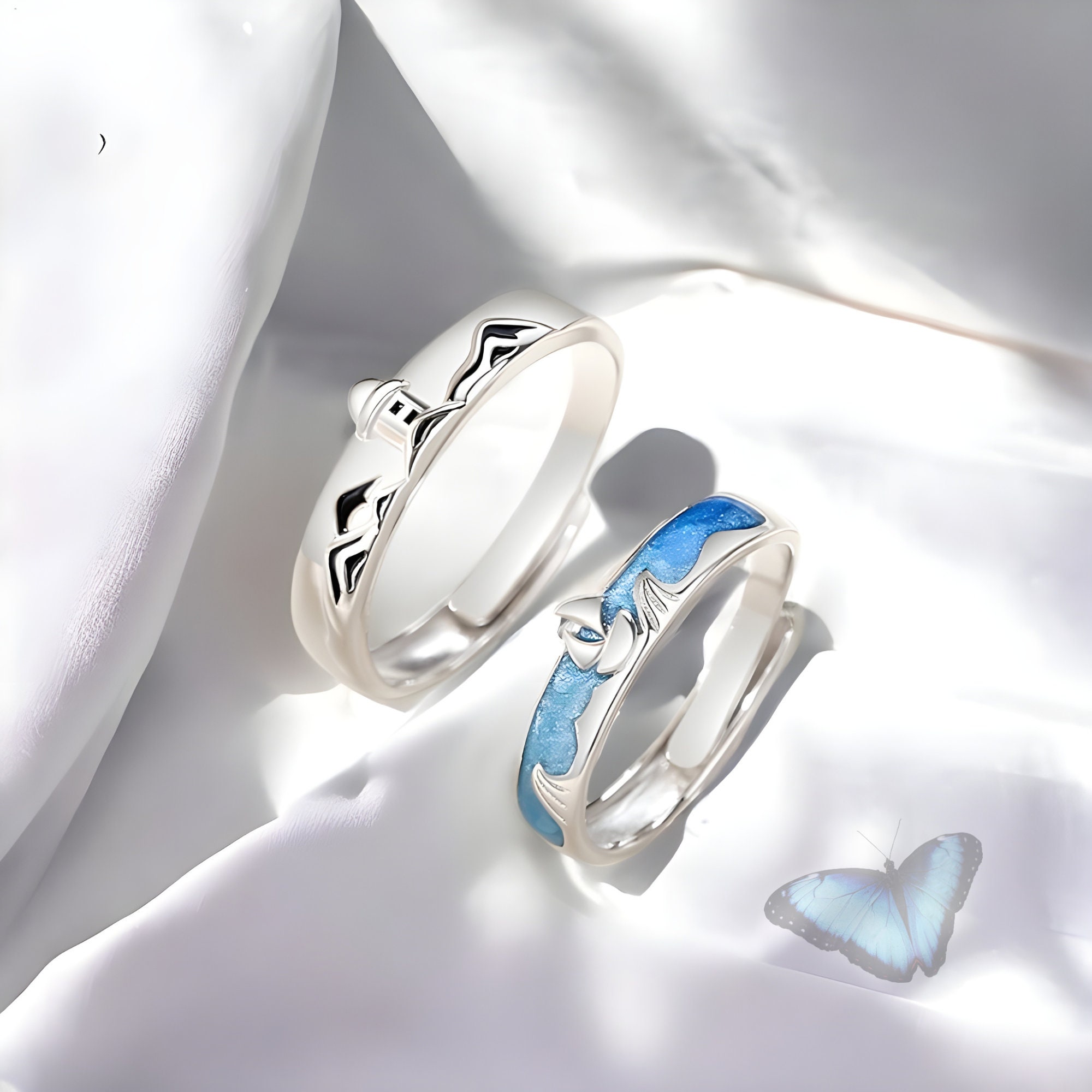 Dainty Lighthouse & Sailboat Ring, Couple Ring, Engraved Minimalist ...