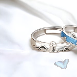 Dainty Lighthouse & Sailboat Ring, Couple Ring, Engraved Minimalist ...