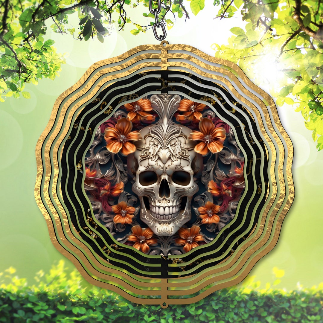 Gothic Skull and Floral PNG Wind Spinner PNG, Skeleton Garden Spinner ...