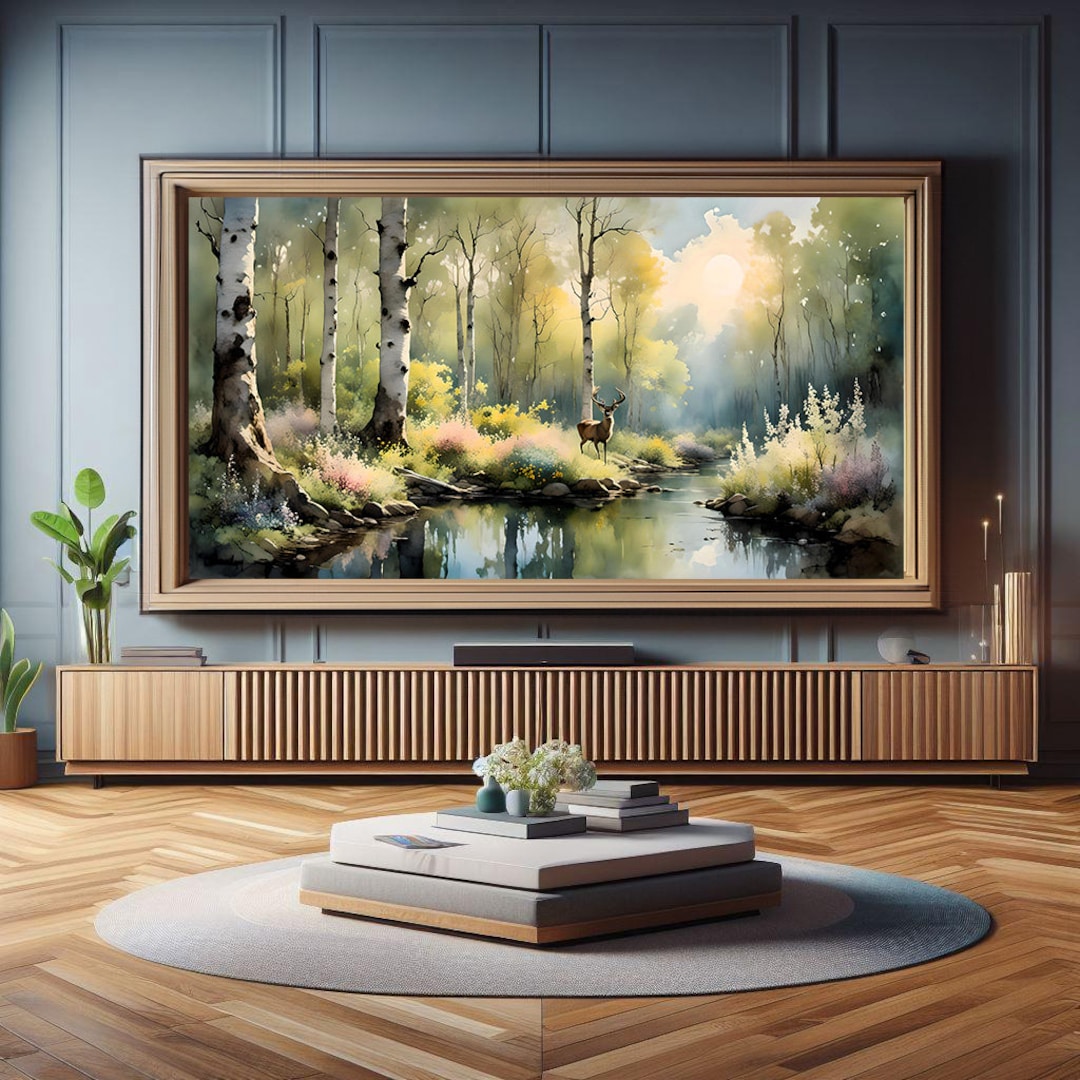Birch Tree Forest TV Art: Deer Watercolor Painting (digital Download ...
