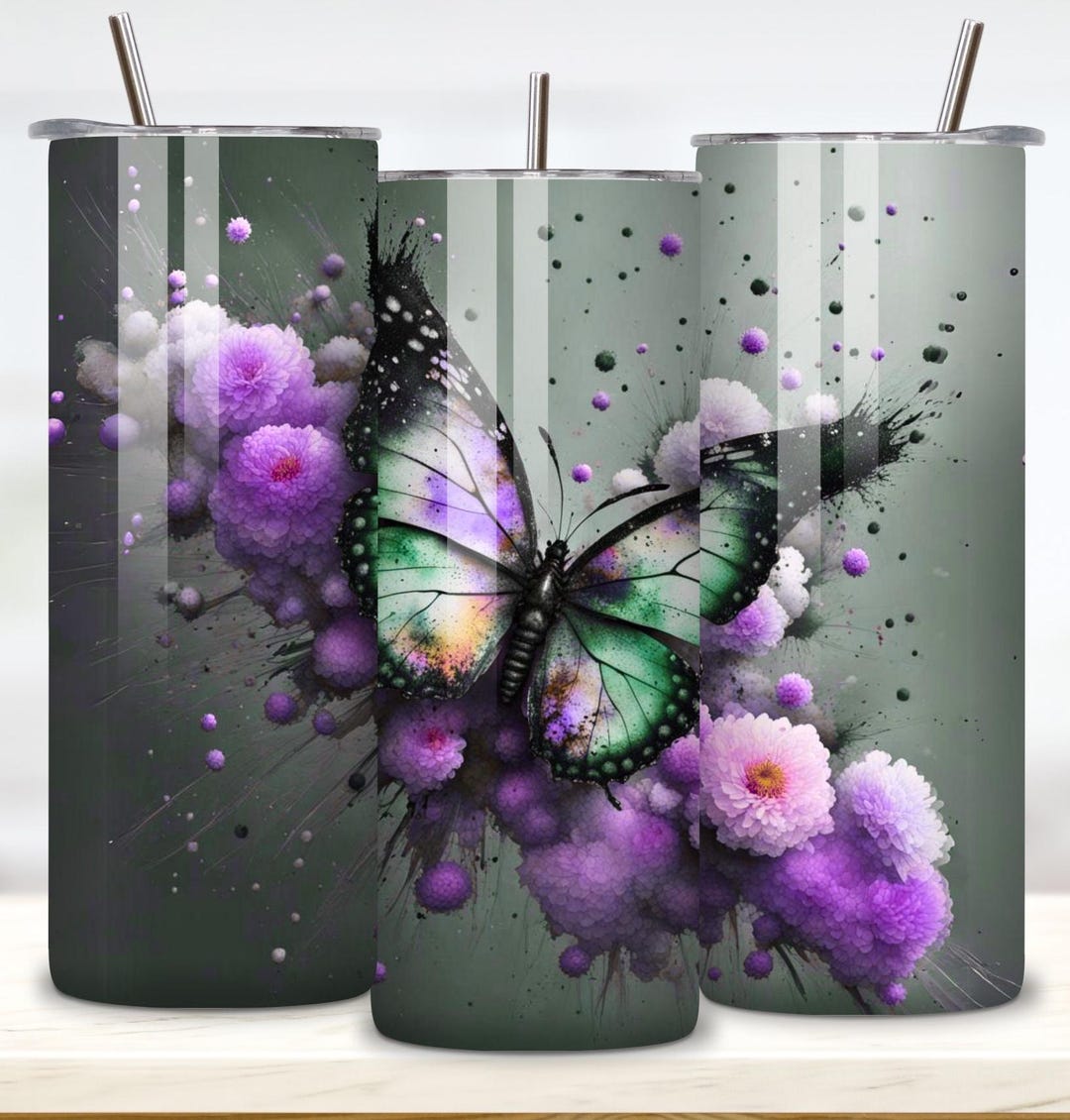 Purple Butterfly 20oz Straight Skinny Tumbler Wrap, Splatter Paint ...