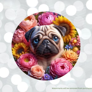 Lovable Pug With Flowers PNG Perfect for Sublimation on Wind Spinners ...