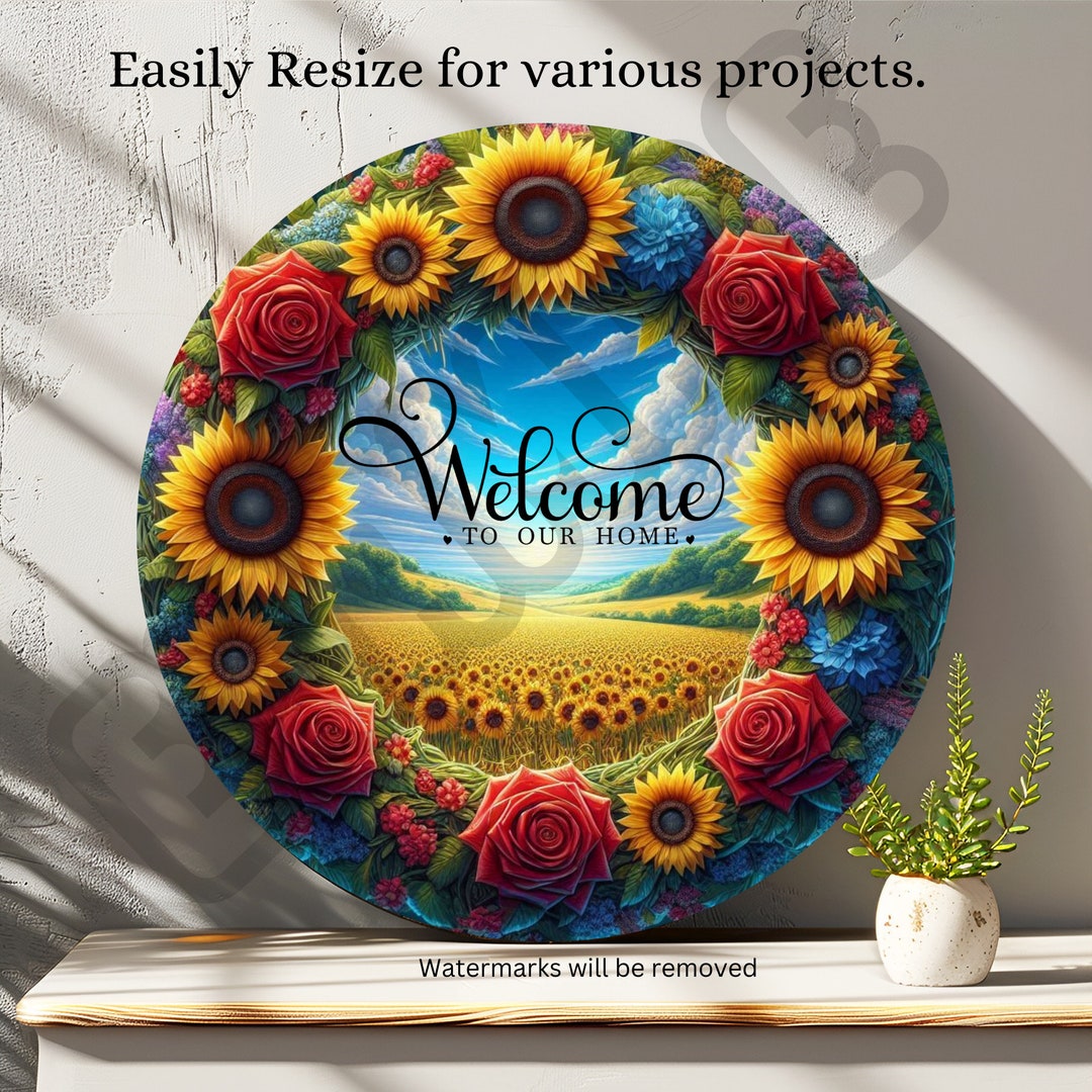 Sunflower Field Welcome to Our Home Sign PNG, Round Door Hanger ...