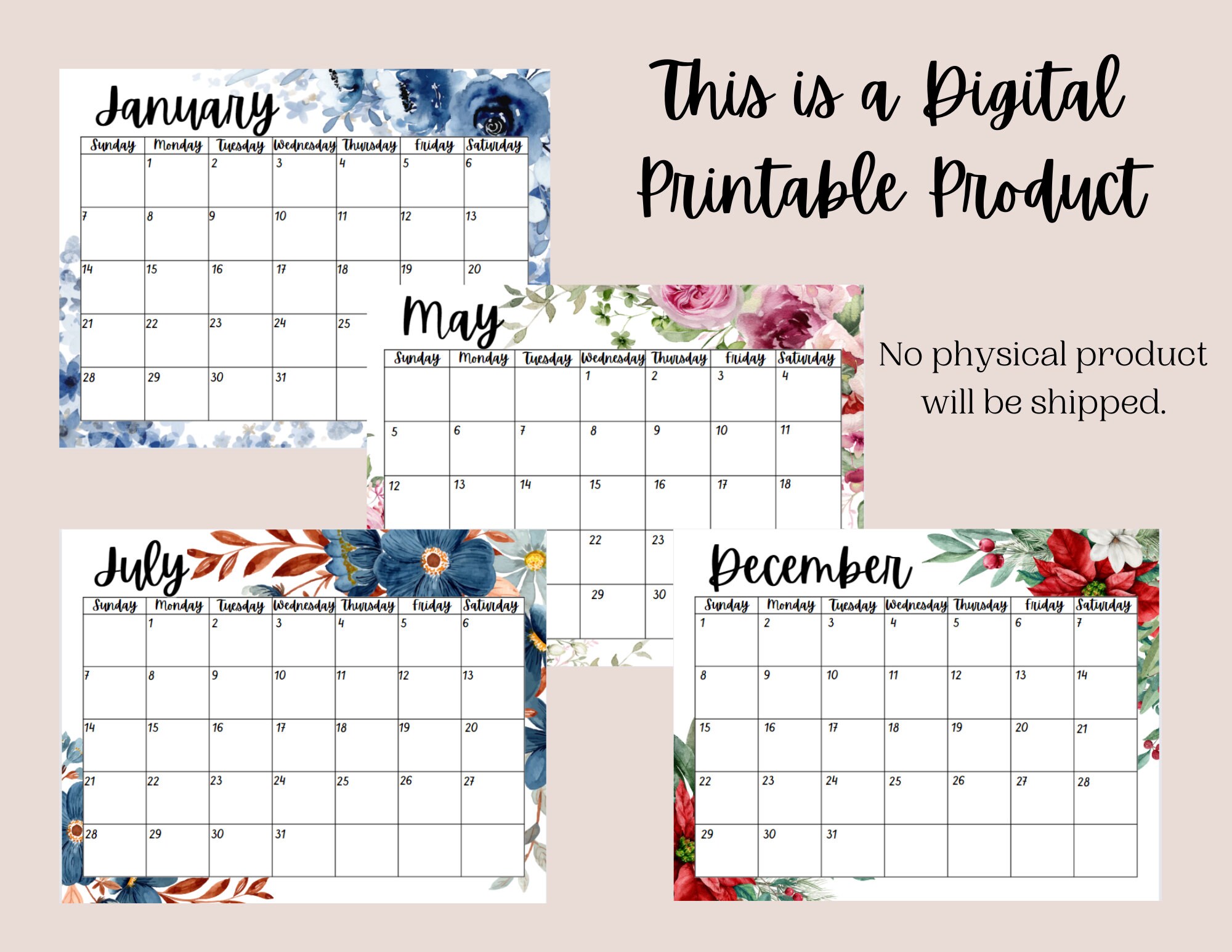 2024 Printable Watercolor Floral Calendar - Etsy