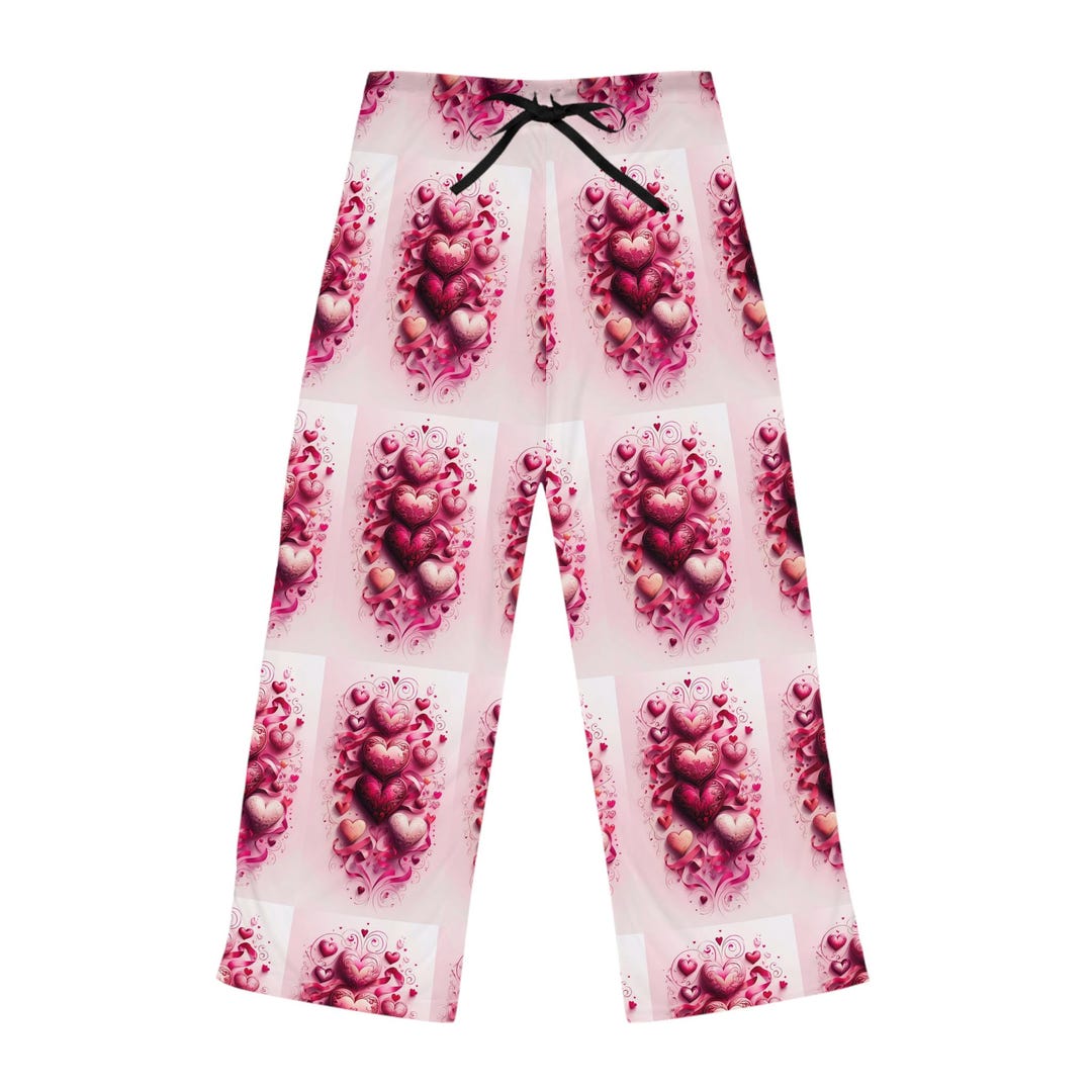 Valentines Day Pink Heart Pajama Pants, Womens Pajama Bottoms, Cute ...